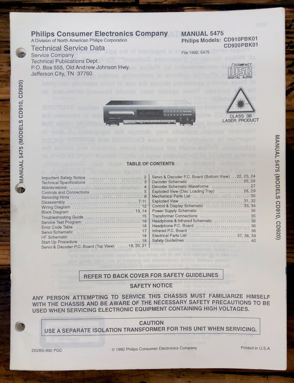 Philips / Magnavox CD910 CD920 CD-910 -920 CD Player Service Manual ...
