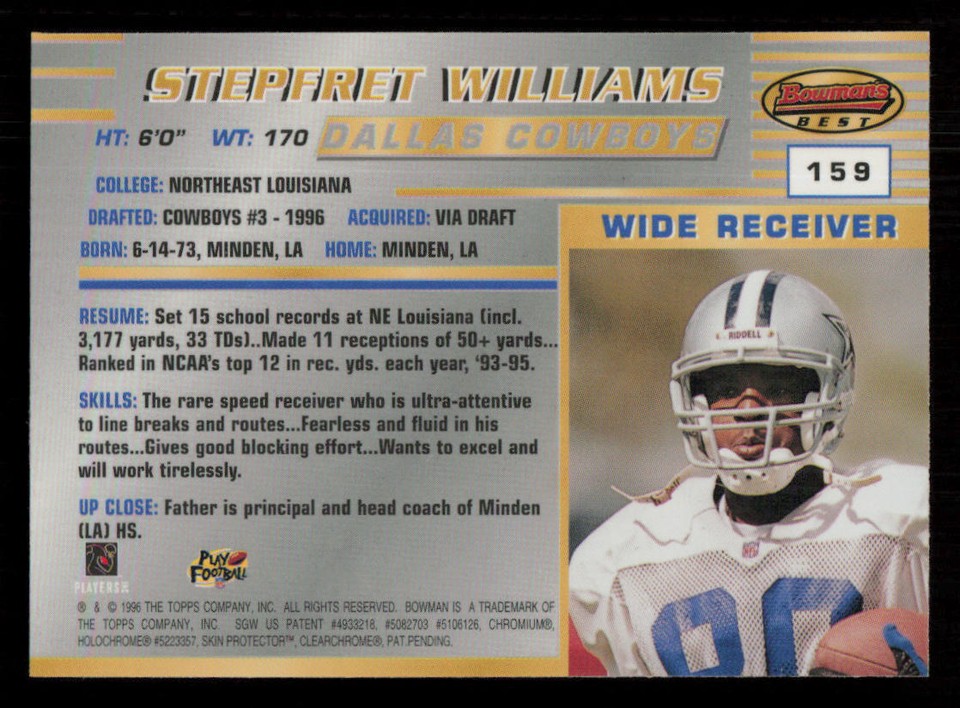 1996 Bowman's Best #159 Stepfret Williams RC Rookie Dallas Cowboys ...