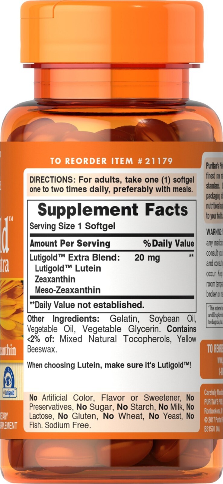 Puritan's Pride Lutein Lutigold Extra 20 mg Meso Zeaxanthin/ 800Mcg ...