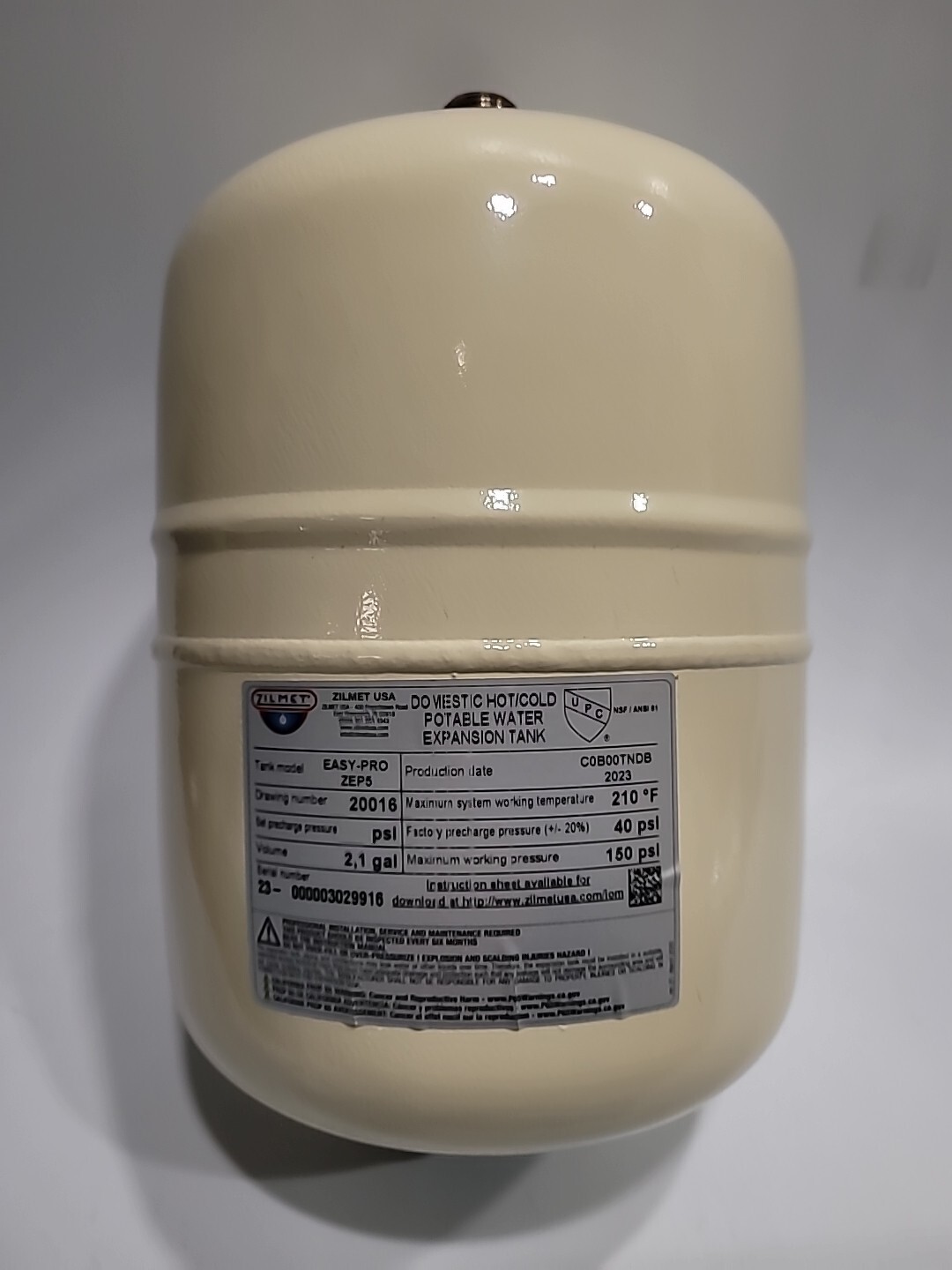 Zilmet In-line thermal expansion tank 2.1 gal. 3/4" S. Steel NPT ...