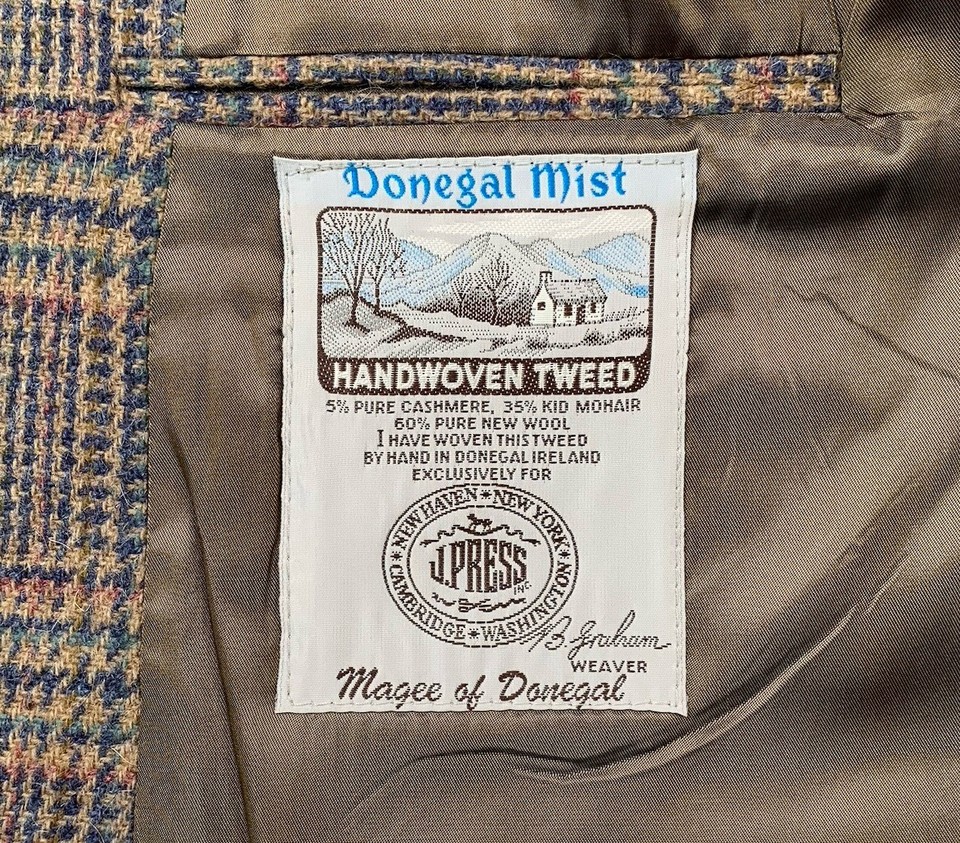 1980's 44 S J Press " Donegal Mist " Brown & Blue Glen Plaid Knit Tweed ...