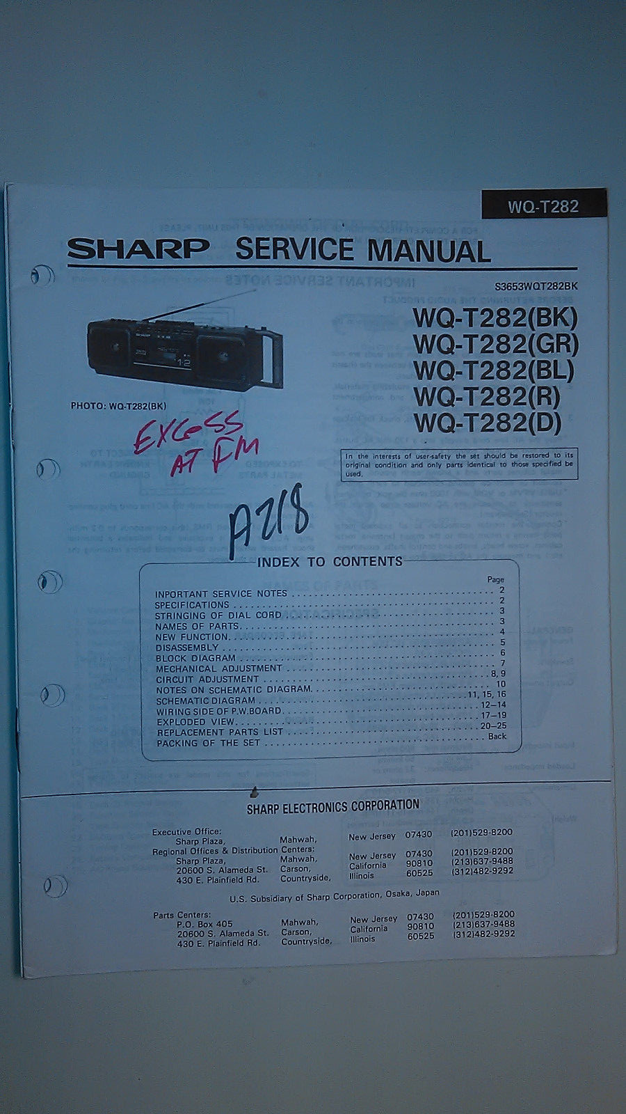 Sharp wq-t282 service manual original repair book stereo tape player ...