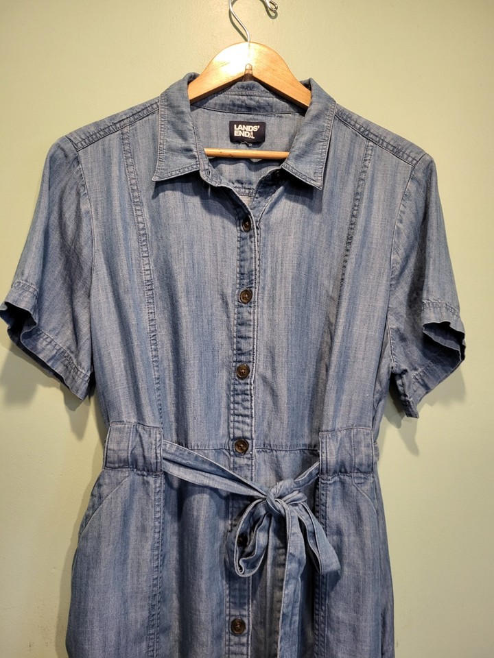 Lands End Blue Chambray Denim Modest Button Up Belted Casual Maxi Dress ...