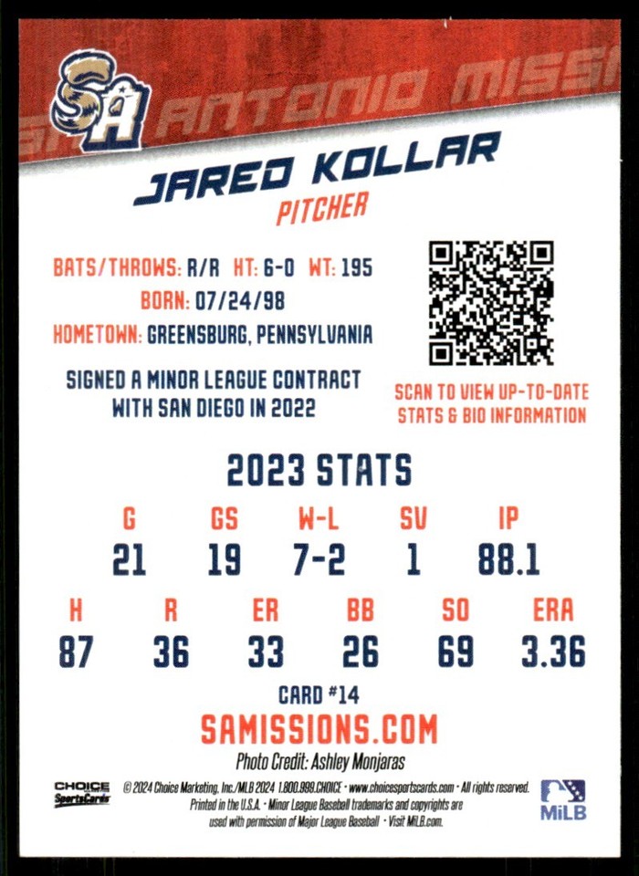 2024 Jared Kollar Choice Minor League Rookie Card San Antonio Missions ...