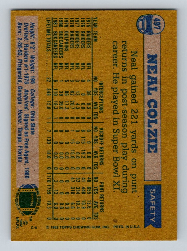 1982 Topps Neal Colzie #497 Tampa Bay Buccaneers | eBay