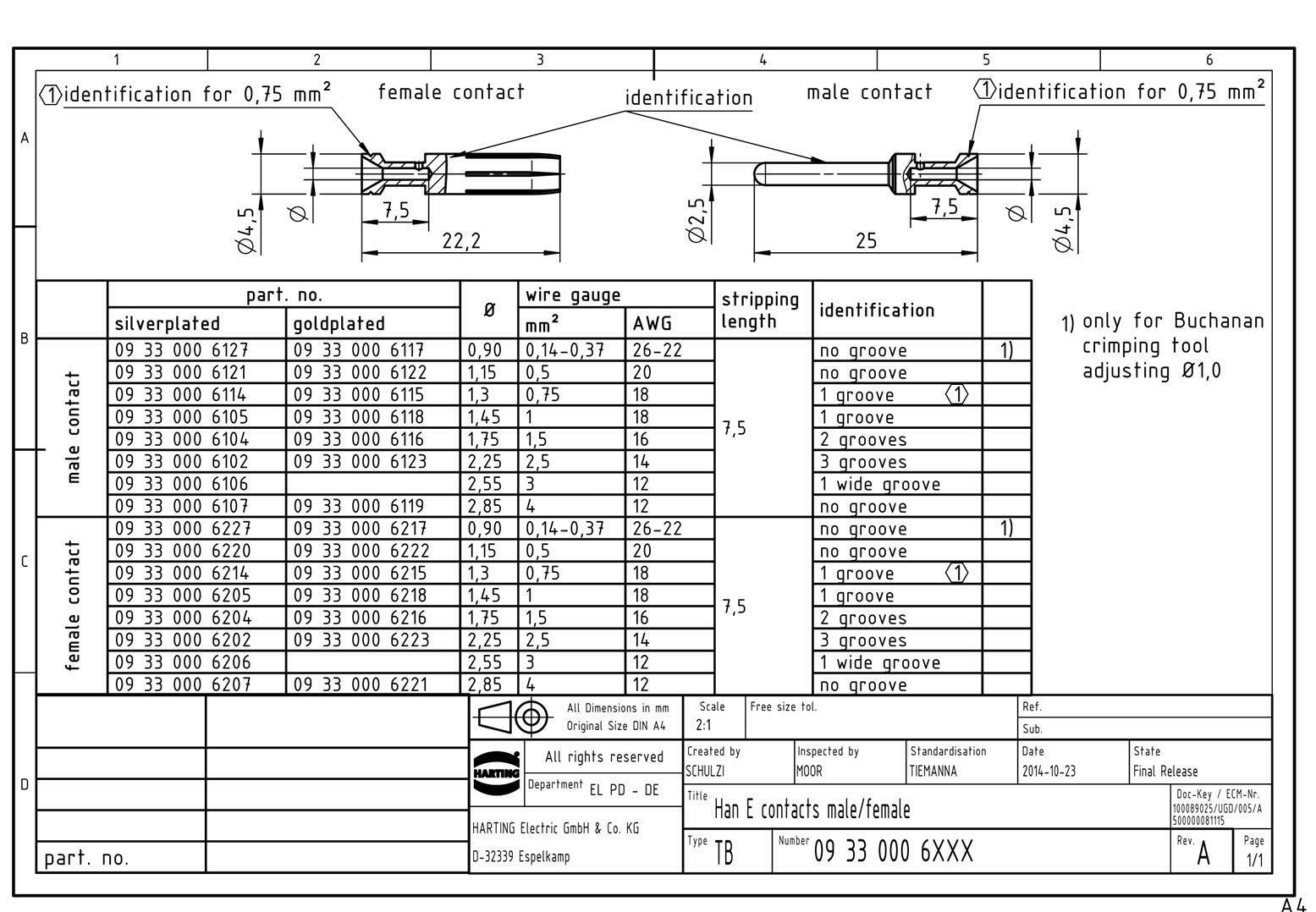 10 Pièce 09330006205 Han A/E Contact Femelle 1,0mm ² de Sertissage ...