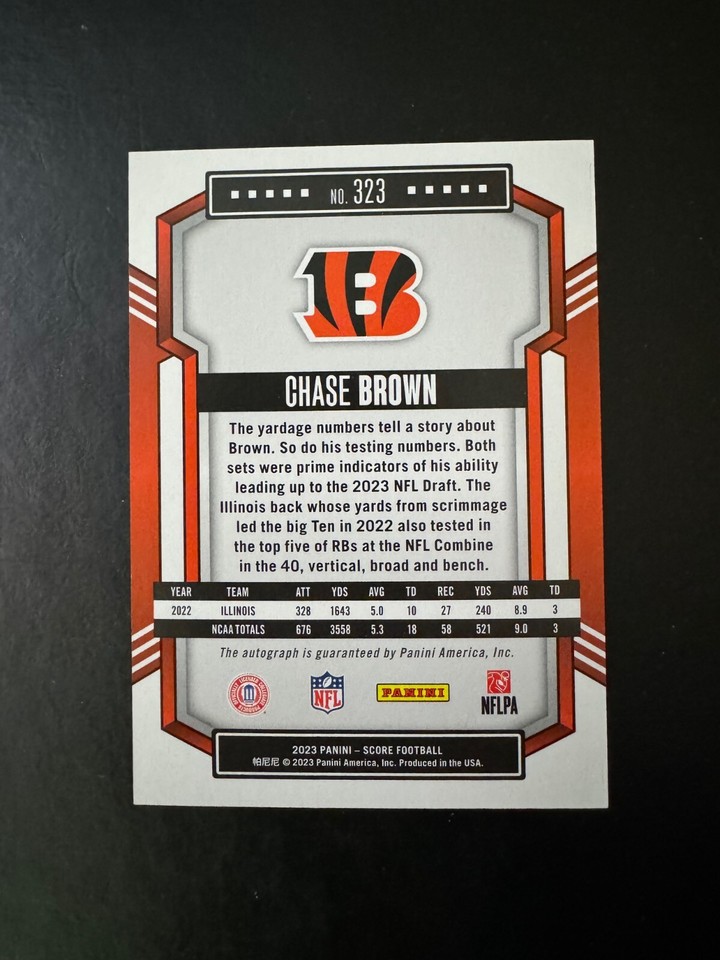 2023 Panini Score Football Chase Brown RC Auto #323 Cincinnati Bengals ...