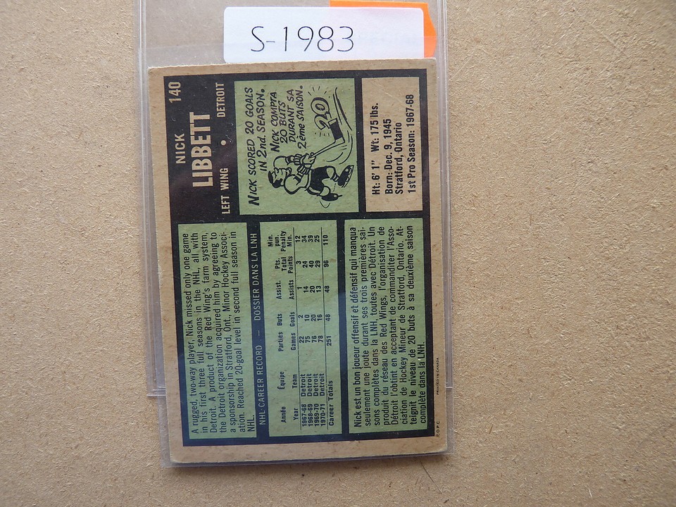 VINTAGE HOCKEY CARD O PEE CHE 1971 NICK LIBETT DETROIT RED WINGS L19 83 ...