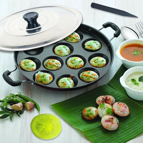 Regular Non-Stick 12 Cavity Appam Patra Side Handle with lid, Color May ...