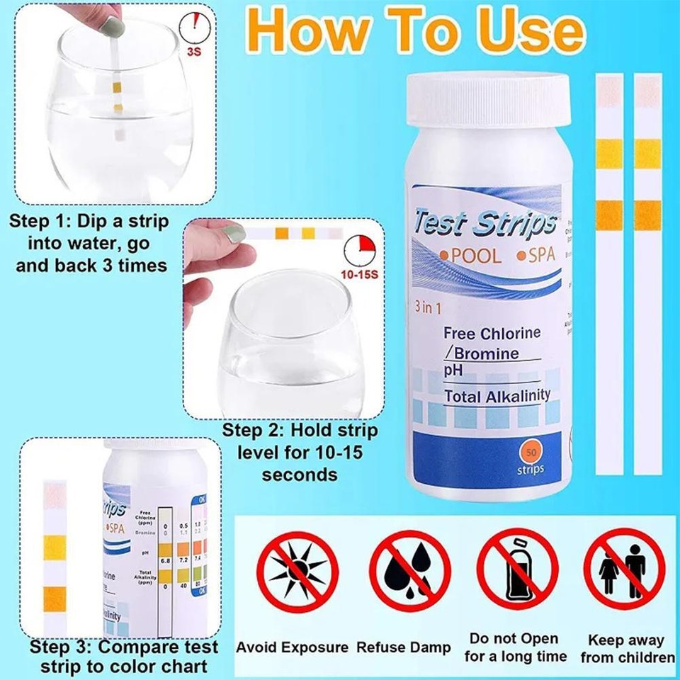 50 x Chlorine Dip Test Strip Hot Tub Swimming Pool PH 3 in 1 Tester ...