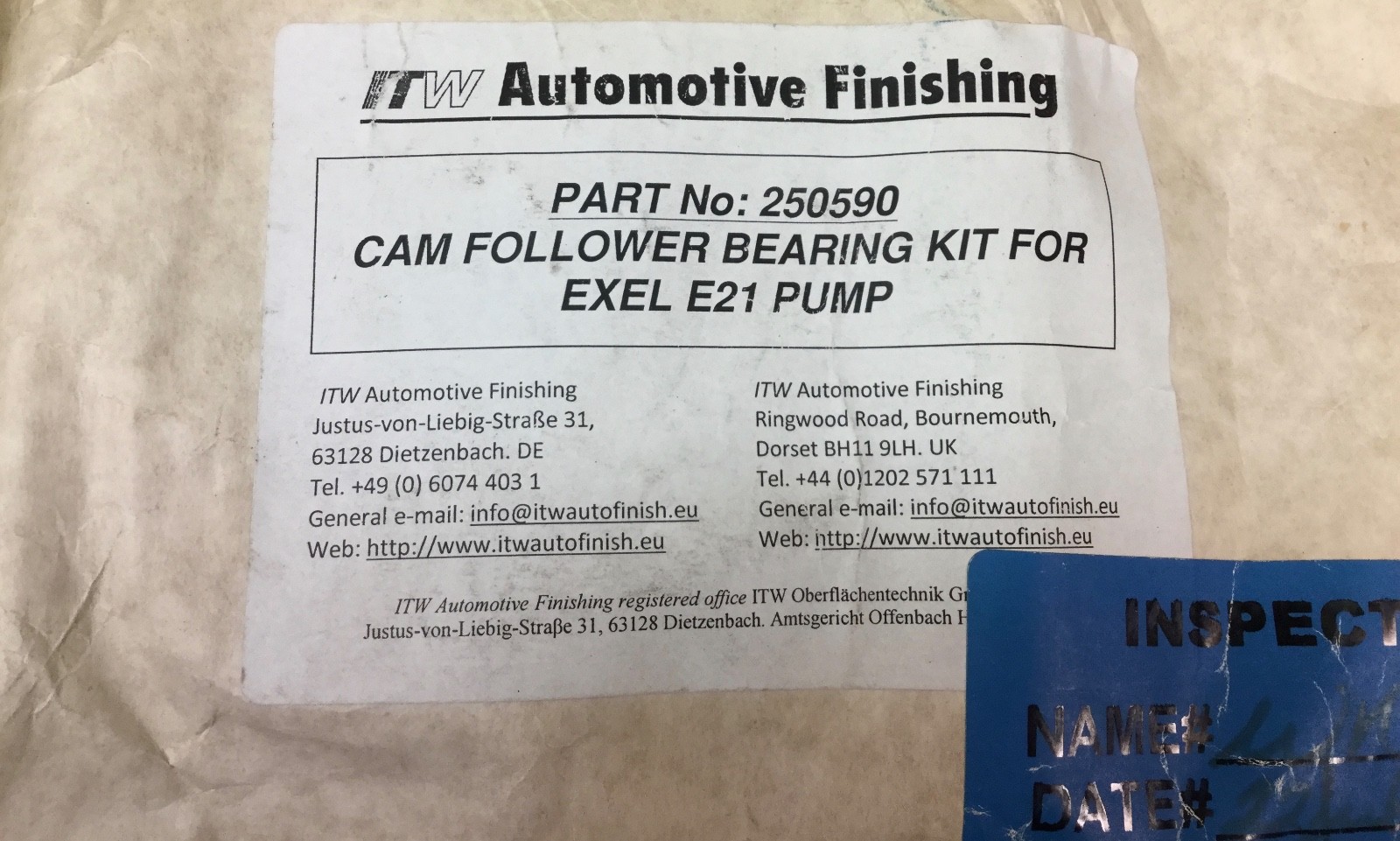 ITW BINKS 250590 CAM FOLLOWER BEARING KIT FOR EXEL SERIES E21 PUMP NEW ...