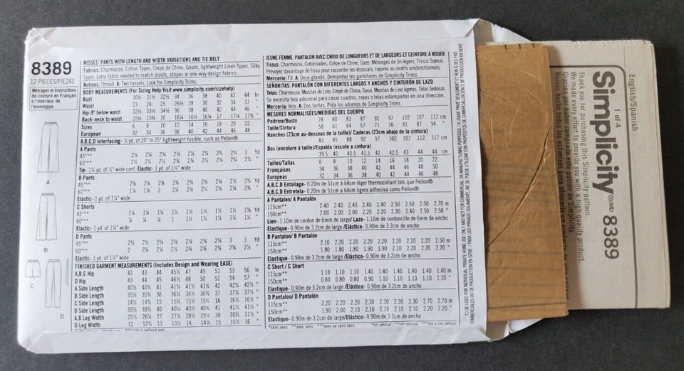Simplicity 8389 Pattern Easy to Sew Pants Misses' Size 6-14 New Uncut ...