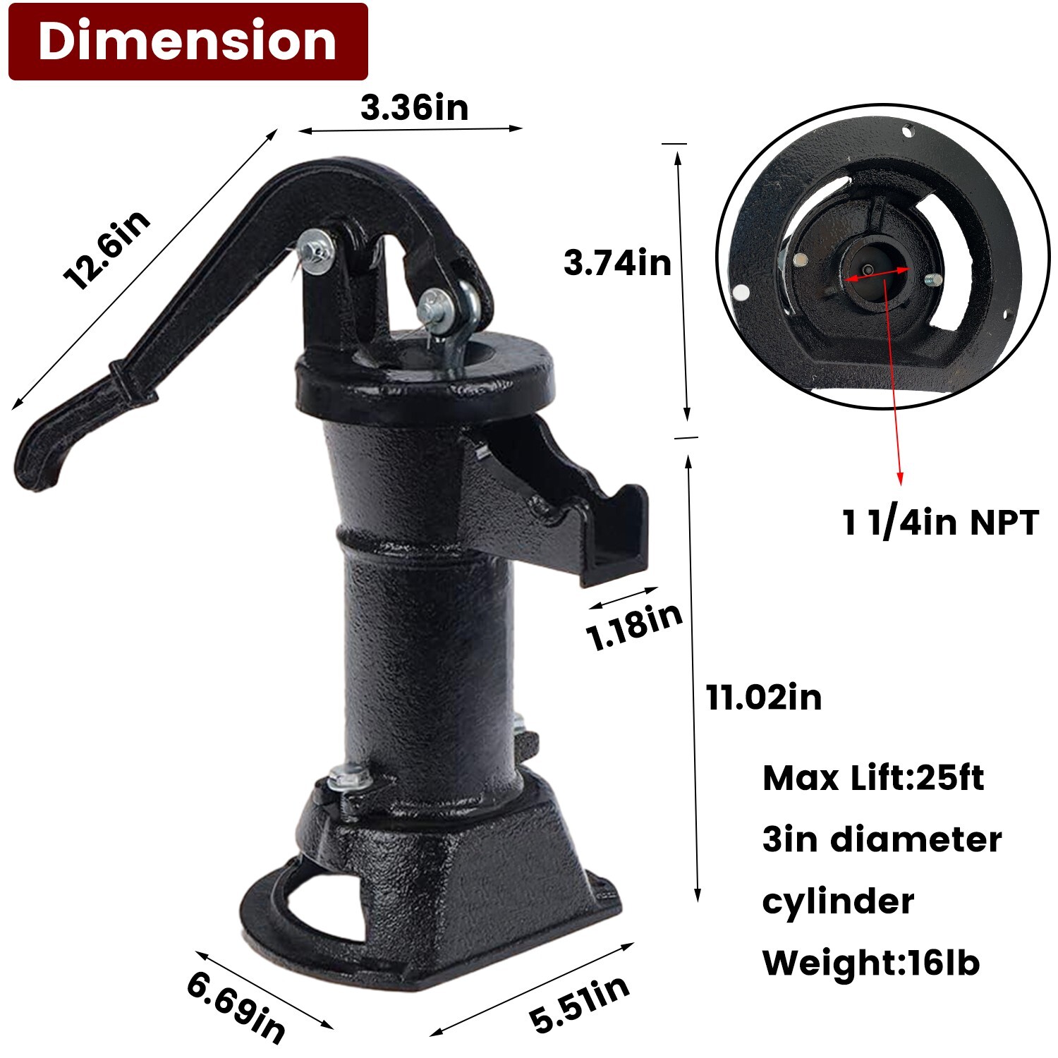 Manual Hand Water Pitcher Pump 25Ft Lift Cast Iron Hand Well Pump ...