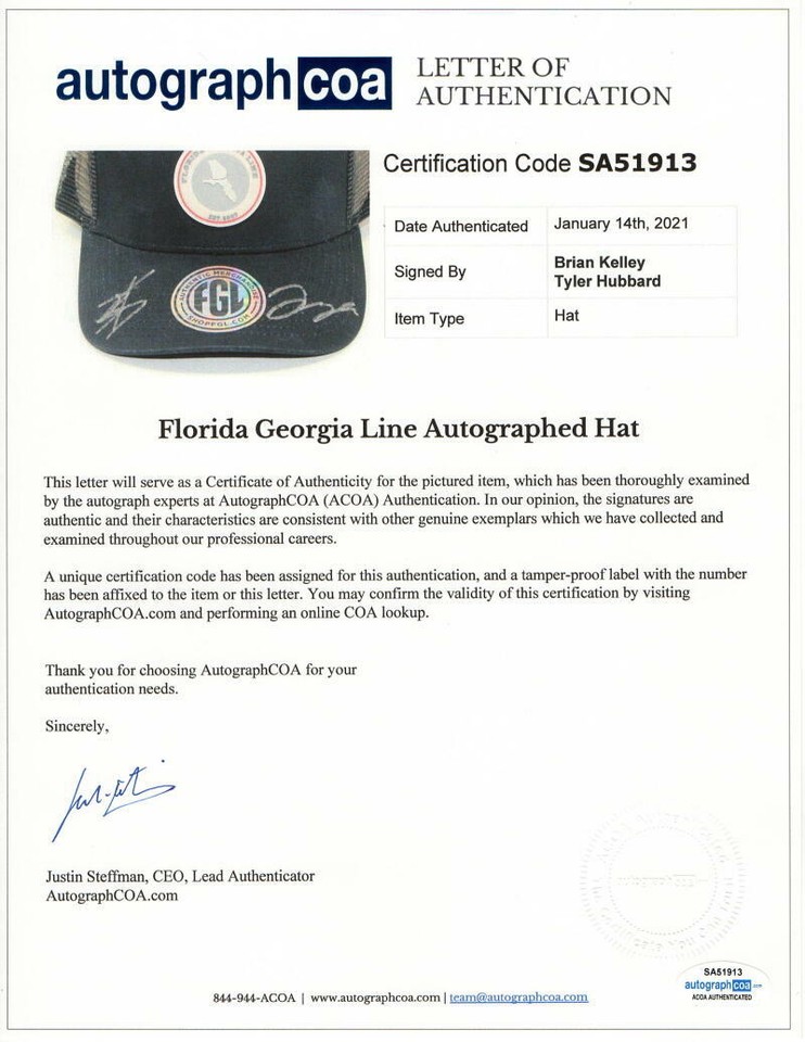 FLORIDA GEORGIA LINE DUAL SIGNED AUTOGRAPH BASEBALL HAT CAP - FGL TYLER ...