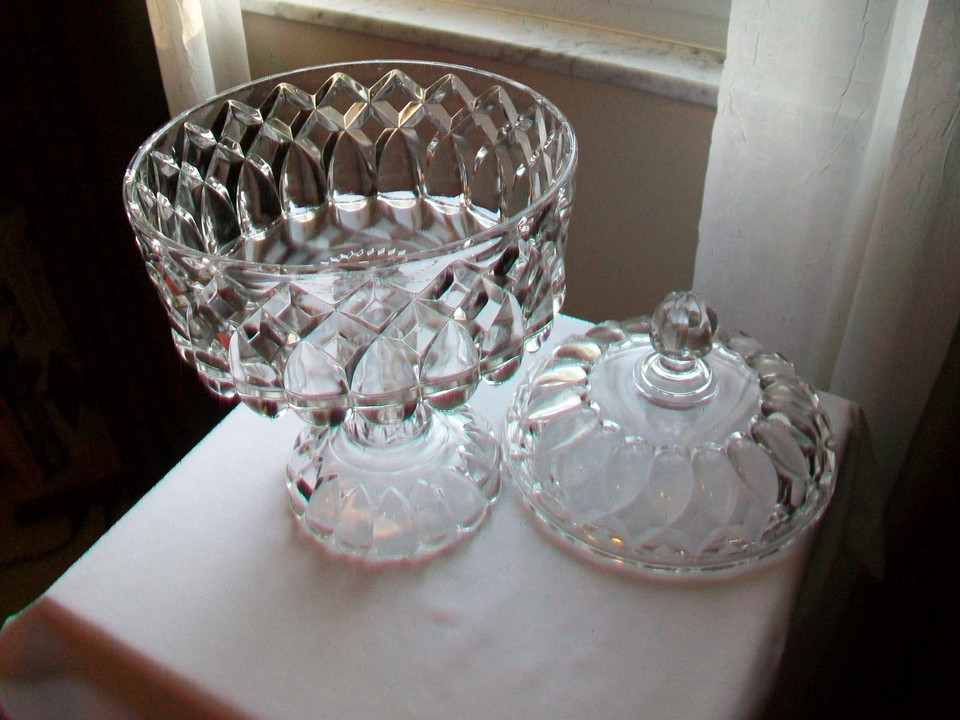 ANTIQUE EAPG U.S. GLASS TEARDROP COMPOTE & LID DIAMOND OVAL 12 1/2 ...