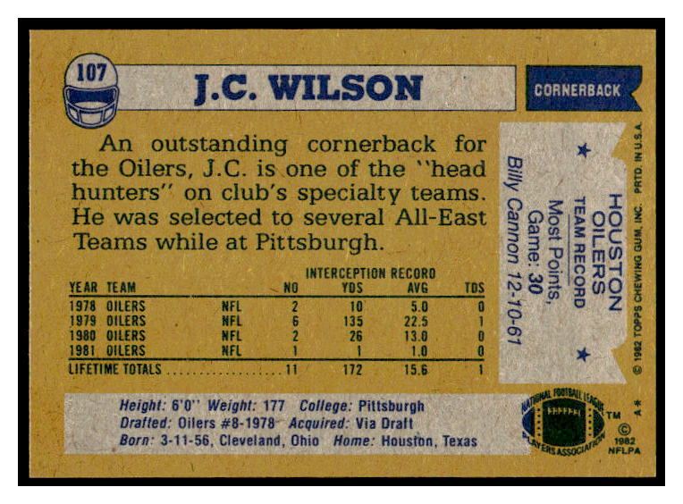 1982 Topps #107 J.C. Wilson Houston Oilers Rookie Excellent | eBay