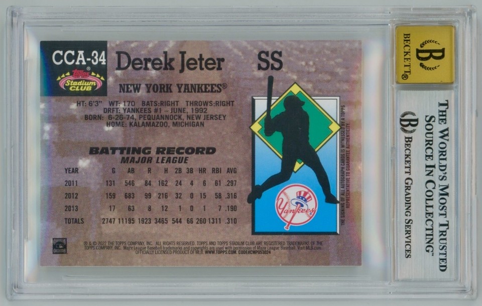 Derek Jeter Auto #2/2 BGS 9 2022 Topps Stadium Club Members Only Gold ...