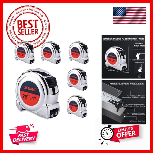 Tape Measure 25 ft with Magnetic, 6 Pack Bulk Easy Read Chrome ...