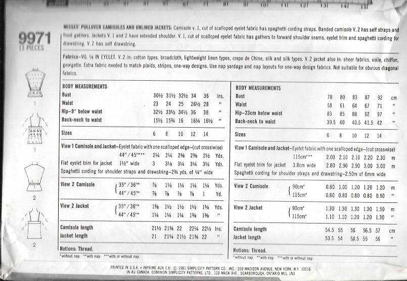 Vintage Simplicity #9971 Misses' Camisole & Jackets - Size 6-8 - UNCUT ...