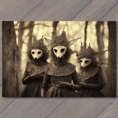 POSTCARD Weird Creepy Girls Fox Masks Cult Horns Woods Halloween ...