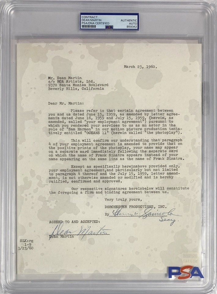 Ocean’s 11 1960 Rat Pack Signed Contracts Sinatra, Martin, Davis Jr ...