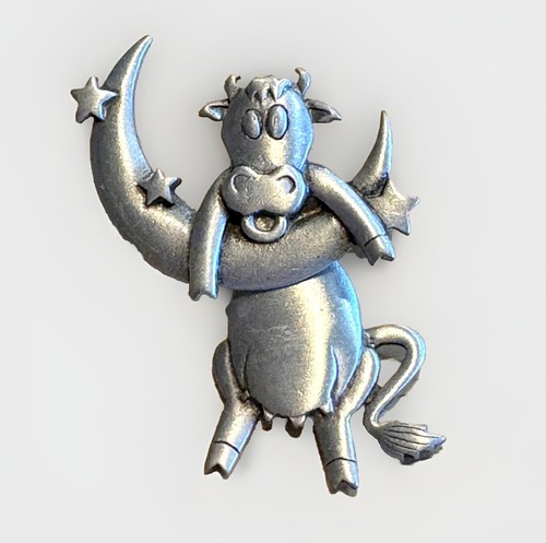 Vtg JJ Jonette Jewelry Cow Jumps Over the Moon Swivel Pewter Brooch Pin ...