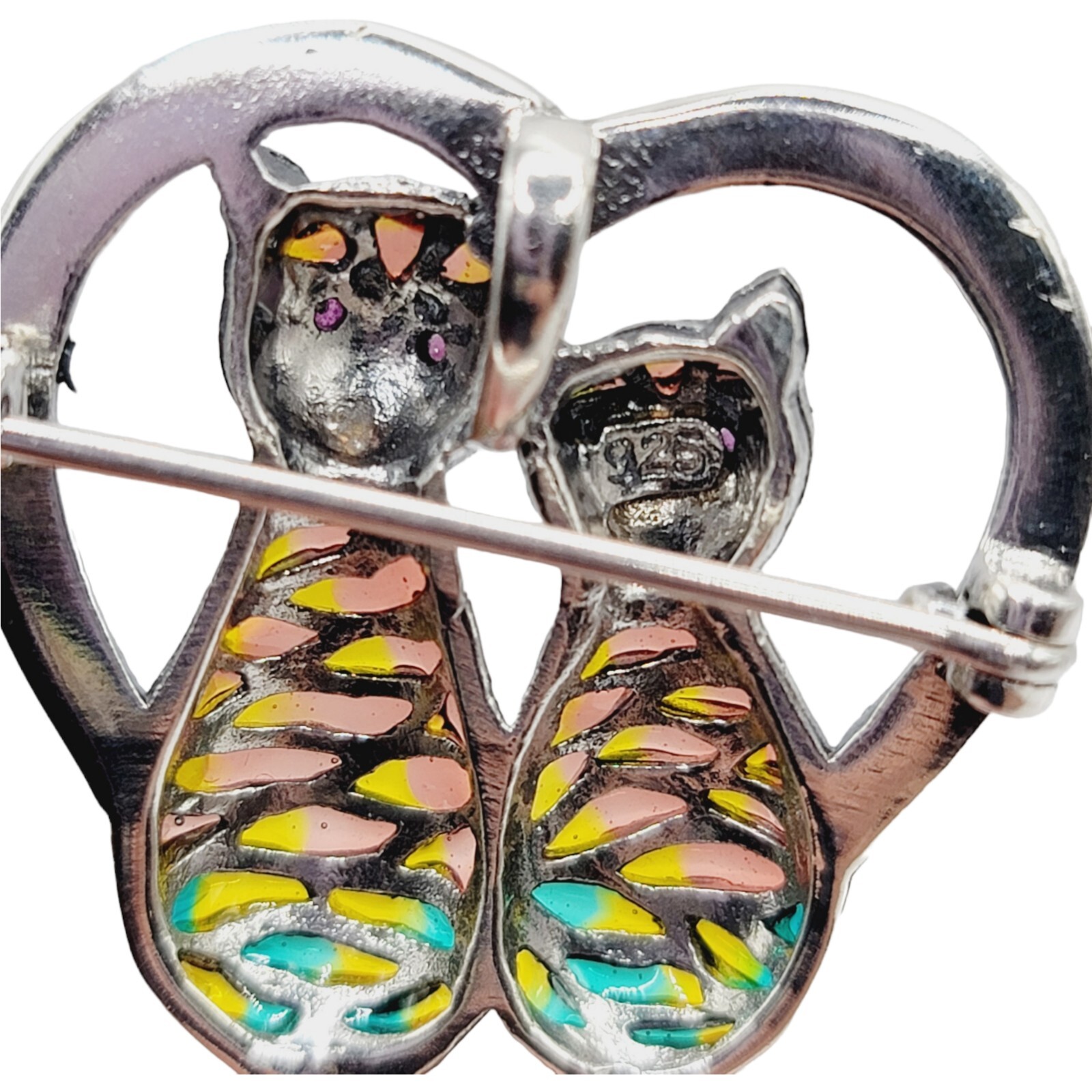 Sterling Silver Plique Enamel Cats In Love Heart Pendant Brooch Ruby ...
