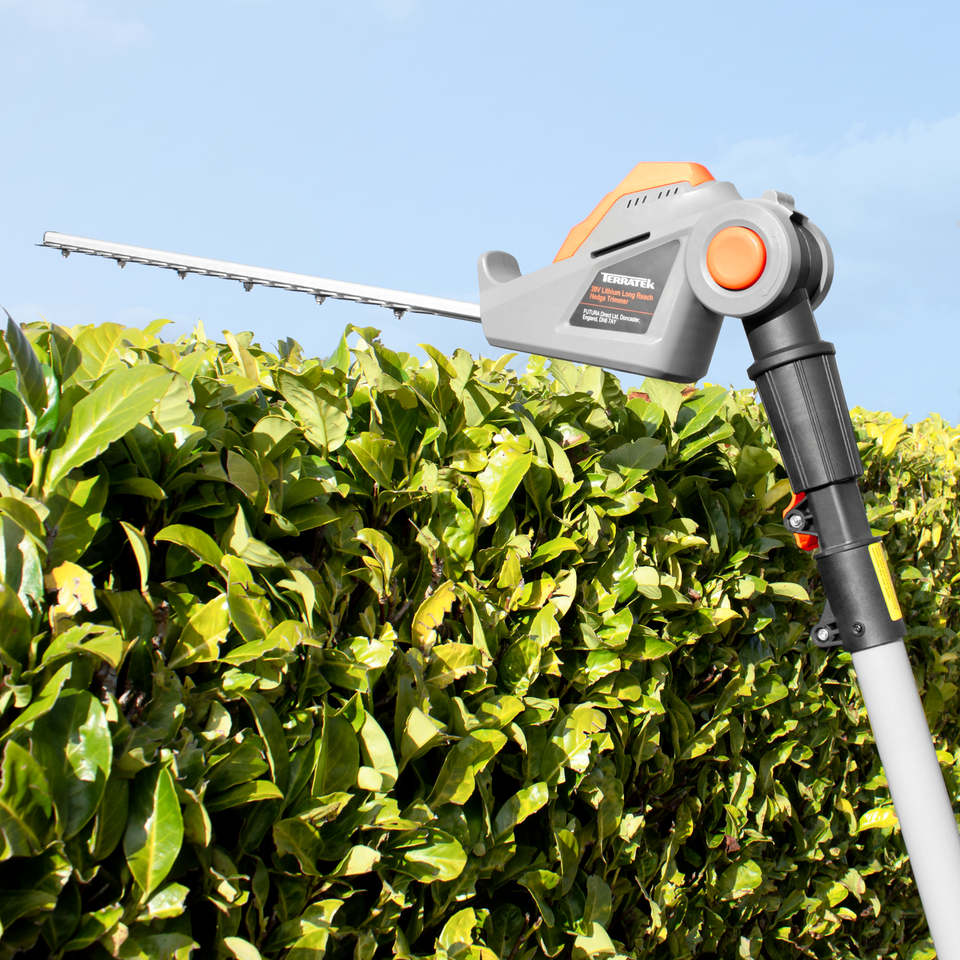 Terratek 20V Cordless Hedge Trimmer 2.4m Long Reach -THREE Batteries & Charger 5060452746722 ...