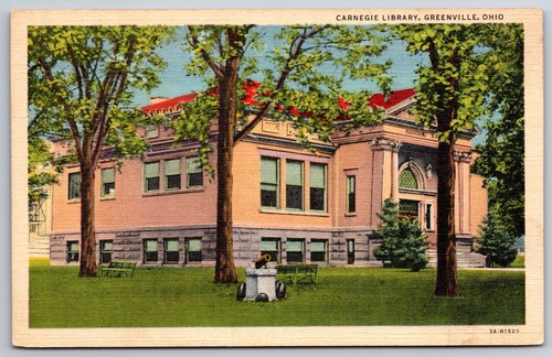 Greenville Ohio~Carnegie Library~Cannon Display~Linen Postcard | eBay