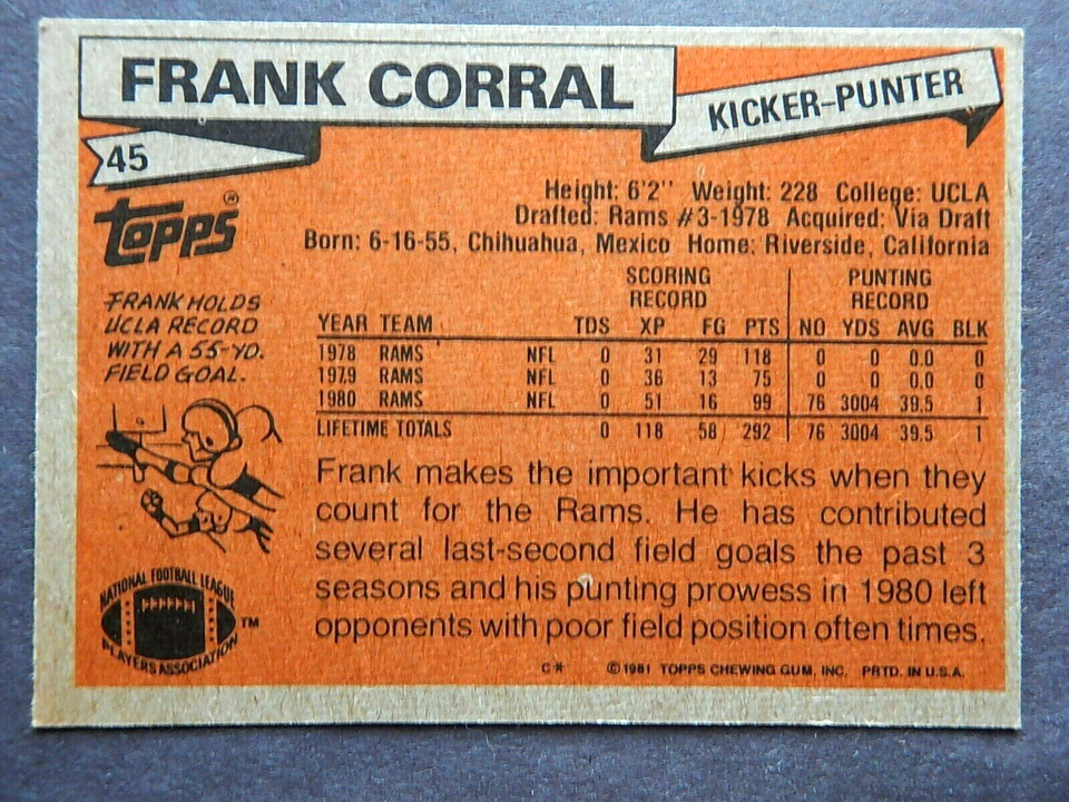 Frank Corral #45 Topps 1981 Football Card (Los Angeles Rams) E | eBay