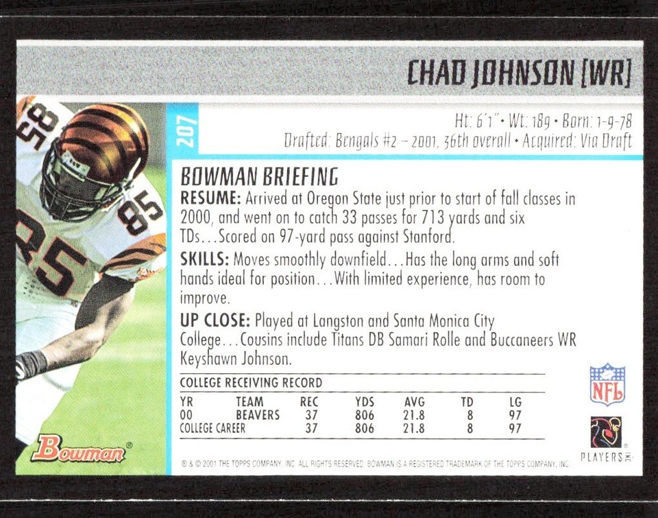 2001 5549B Bowman ROOKIE Chad Johnson Rookie Cincinnati Bengals #207 | eBay