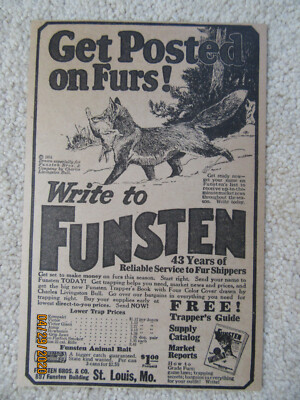 1924 Ad, Funsten Bros & Co, St. Louis, Missouri, Furs, Trappers | eBay