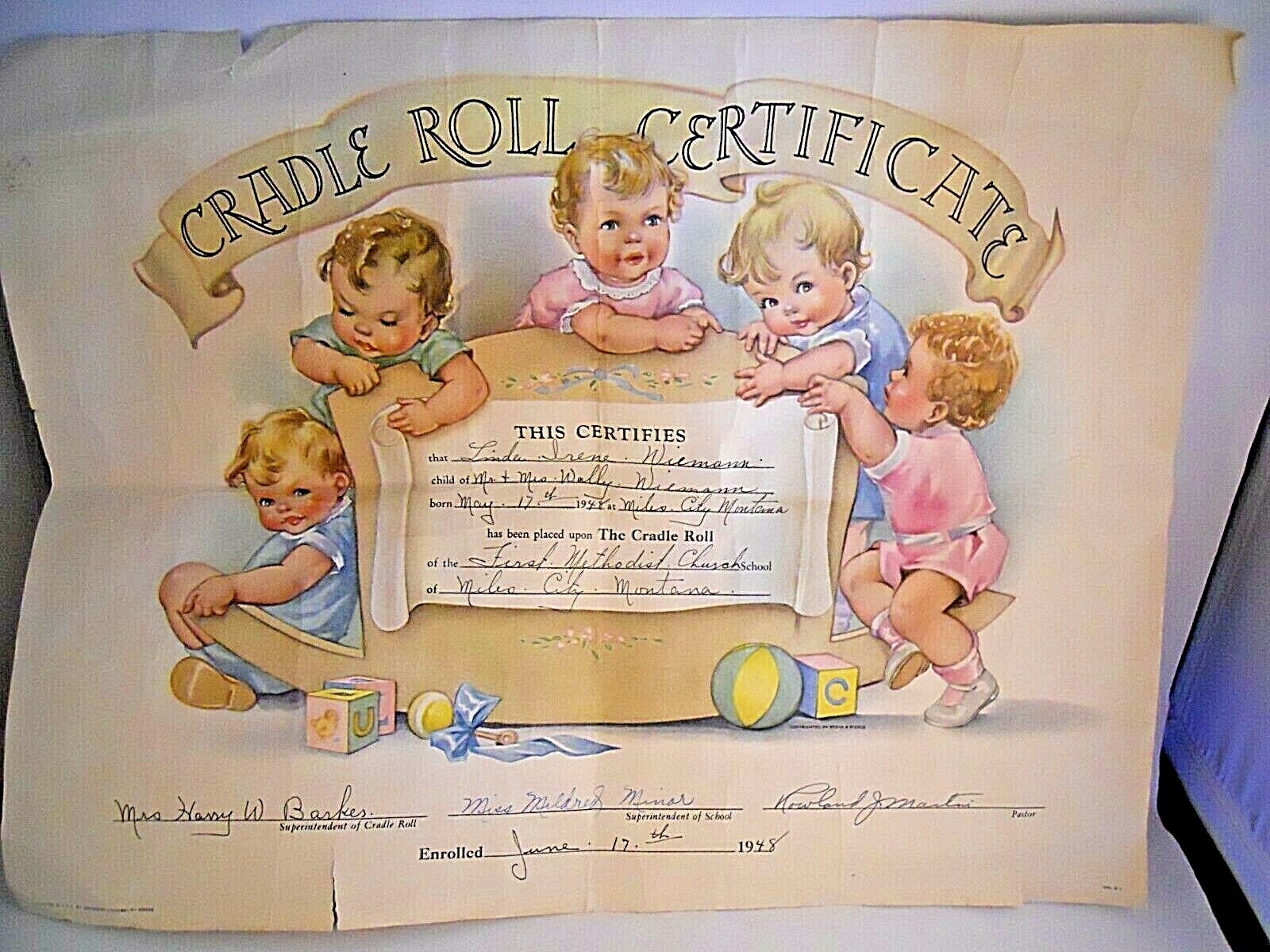 1948 Cradle Roll Certificate Baby First Methodist Church Miles City ...
