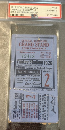 Psa 1926 WORLD SERIES Ticket Cardinals 1st Win Hornsby 1st Hit Babe ...