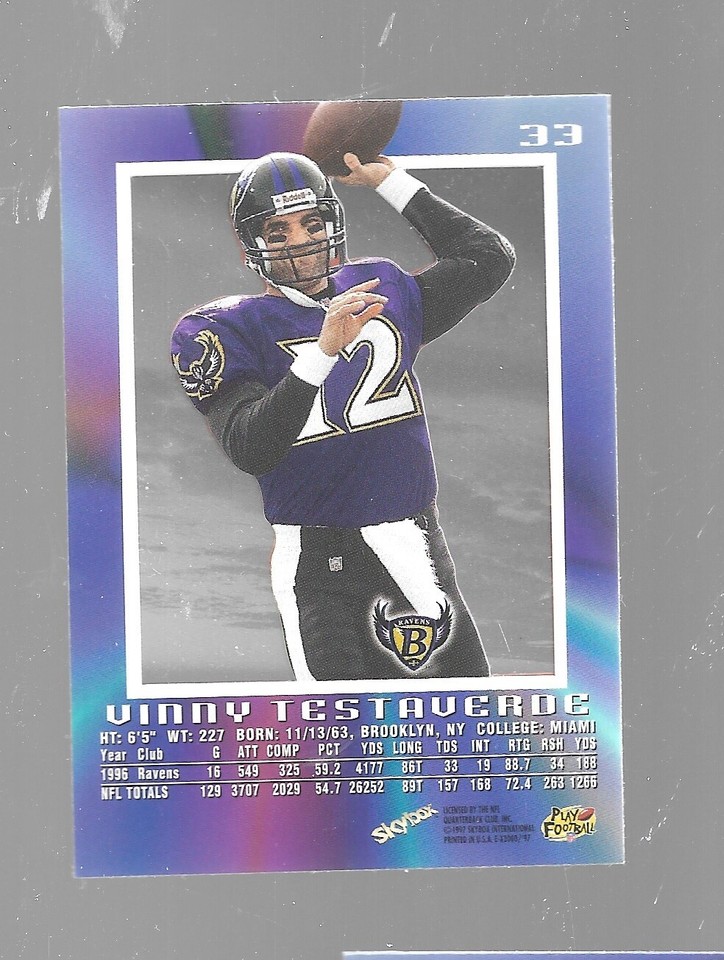 1997 Skybox EX 2000 Vinny Testaverde 33 Baltimore Ravens Football ...