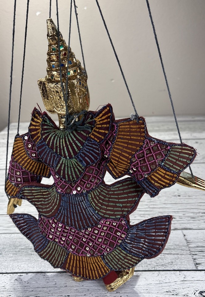 Vintage Handmade Burmese Puppet with Gold & Silver Sequin Embroidery ...