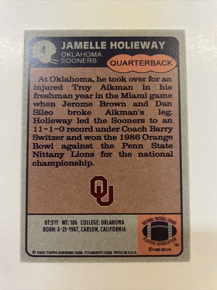 Jamelle Holieway Autographed 1985 Custom Football Card Oklahoma Sooners ...