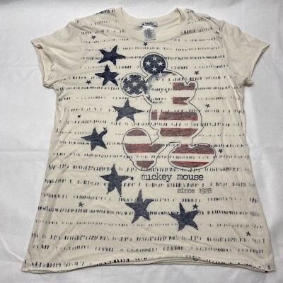 Disney T-shirt Mickey Mouse Flag W/ Stars Crystals Beige shirt Womens ...