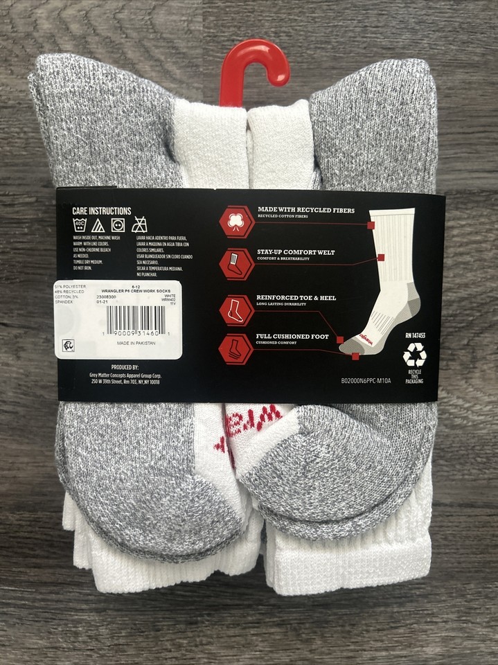 Mens Wrangler Cushion Crew Work Socks/size:6-12/1 pack-6 pair/Color ...