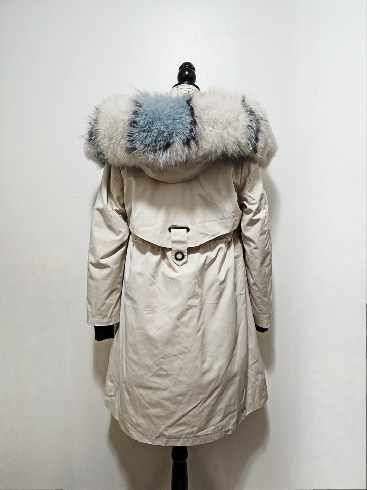 New Real Fox Fur-Lined Parka Coat Puffer Jacket Cream White Ivory ...