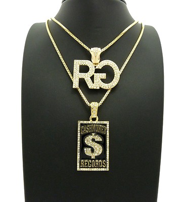 Stone Stud RG, Cash Money Record Pendant 24",30" Box Chain 2 Necklace ...