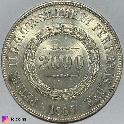 Brazil - 2000 Reis 1864 UNC/MS (Rio de Janeiro) - RARE! Silver Coin ...