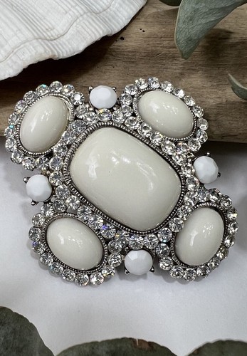 Vintage Signed Cara Brooch Pin White Cabochons & Rhinestone Costume ...