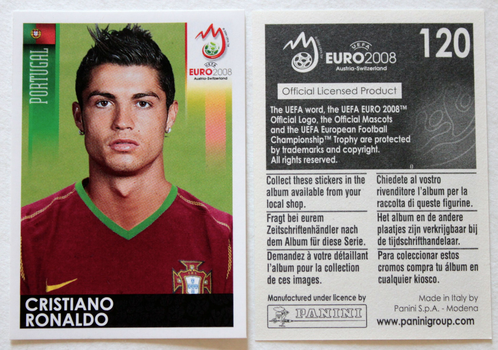 PANINI Soccer Sticker Card CRISTIANO RONALDO CR7 No. 120 EURO 2008 MATT ...
