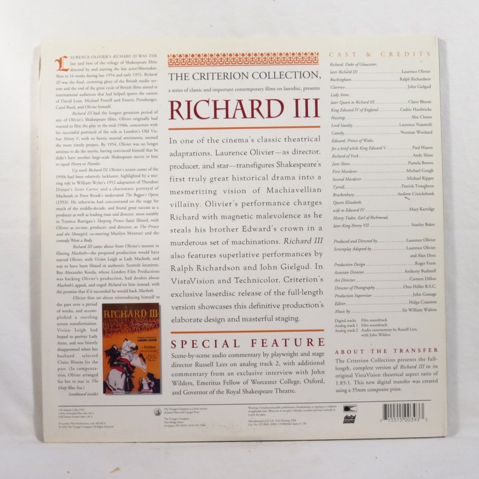 CRITERION LD #258 - Richard III: Sp. Ed. (1955) US 1994 EX Laurence ...