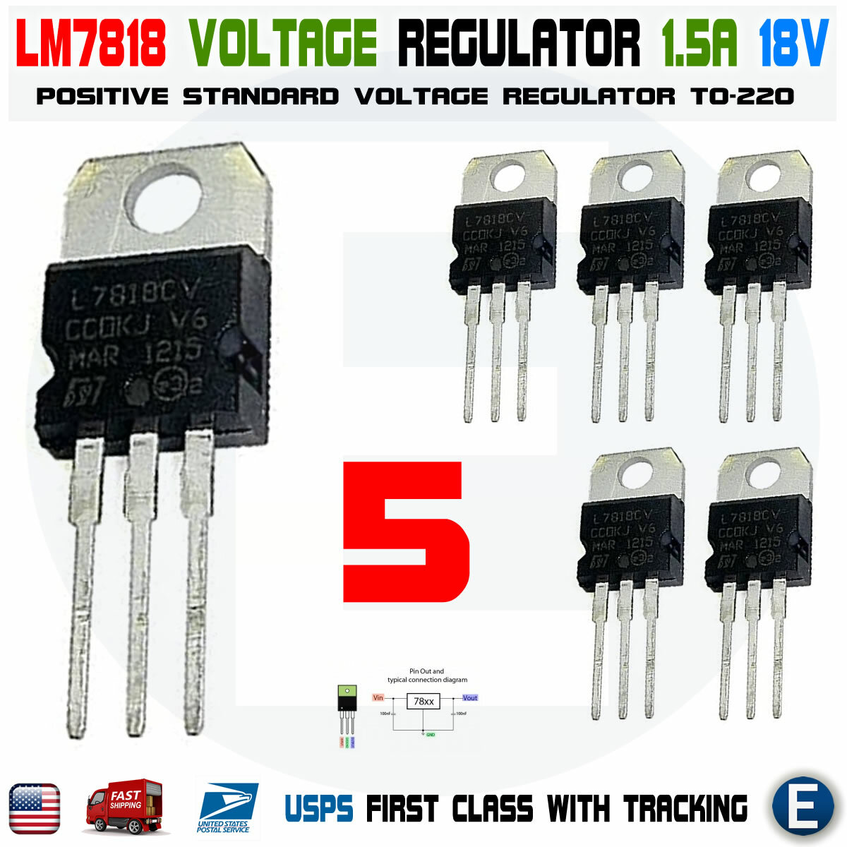 5pcs LM7818 L7818CV L7818 ST TO-220 Voltage Regulator 18V 1.5A Linear ...