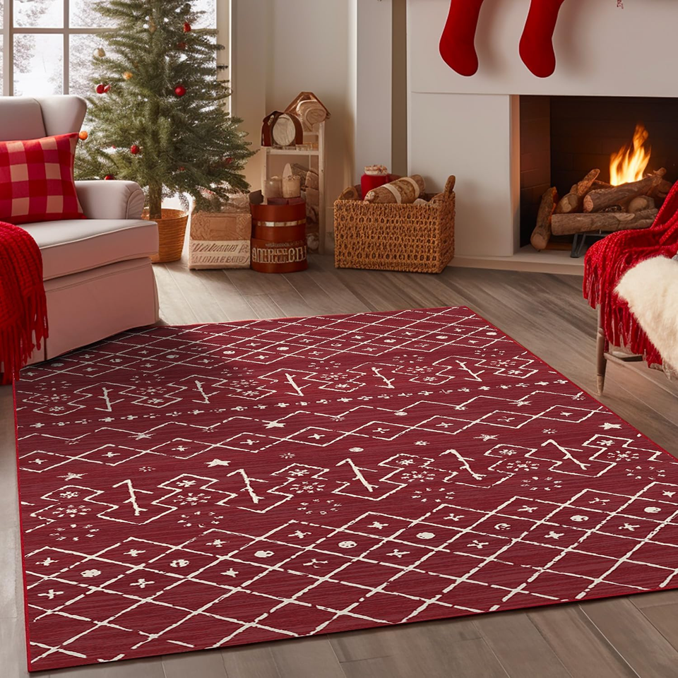 Christmas 6X9 Burgundy Red Tree Area Rug for Living Room Moroccan ...