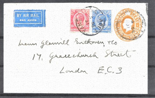 KENYA and UGANDA KG5 20c Postal Stationery Envelope uprated for airmail ...