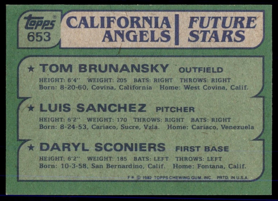 1982 Topps Baseball Angels Future Stars - Tom Brunansky/Luis Sanchez ...