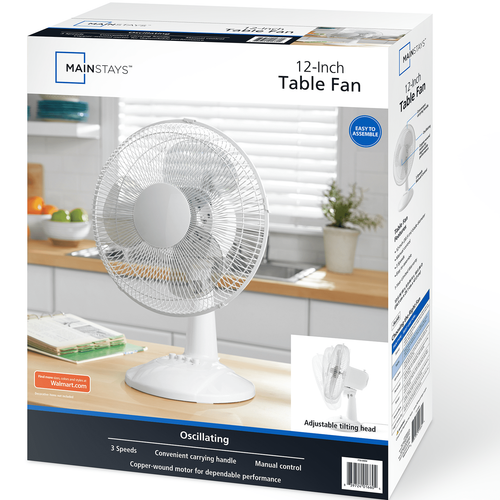 Mainstays 12" 3-Speed Oscillating Table Fan, FT30-8MBW, Brand New ...